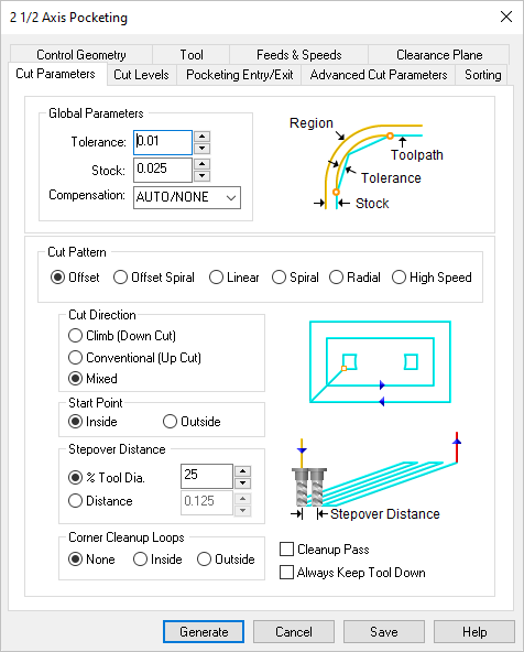 MILL Module > Creating 2½ Axis Operations > Pocketing > Cut Parameters