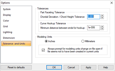 VisualCAD > Welcome to VisualCAD! > Options > Tolerance and Units